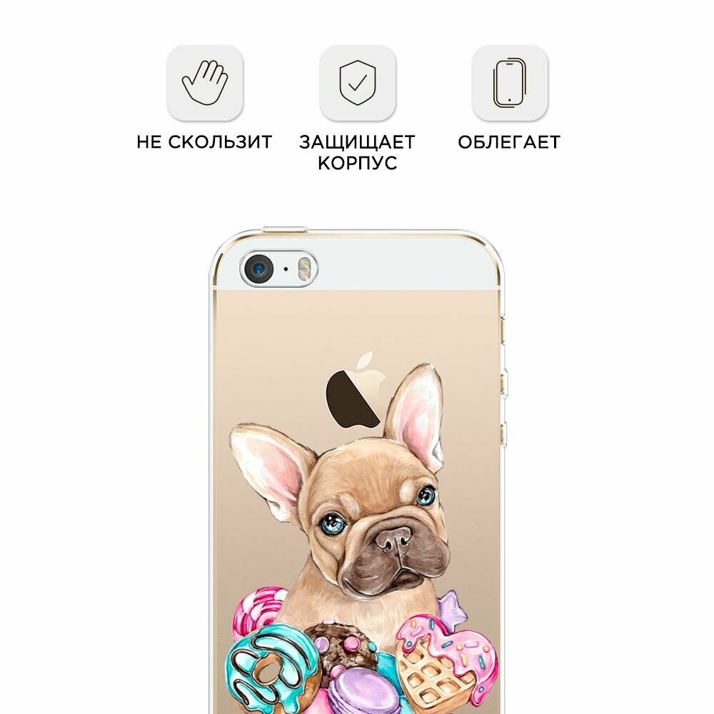 Чехол на Apple iPhone 5/5S/SE / Айфон 5/5S/SE с принтом "Бульдог и сладости", прозрачный — фото 1