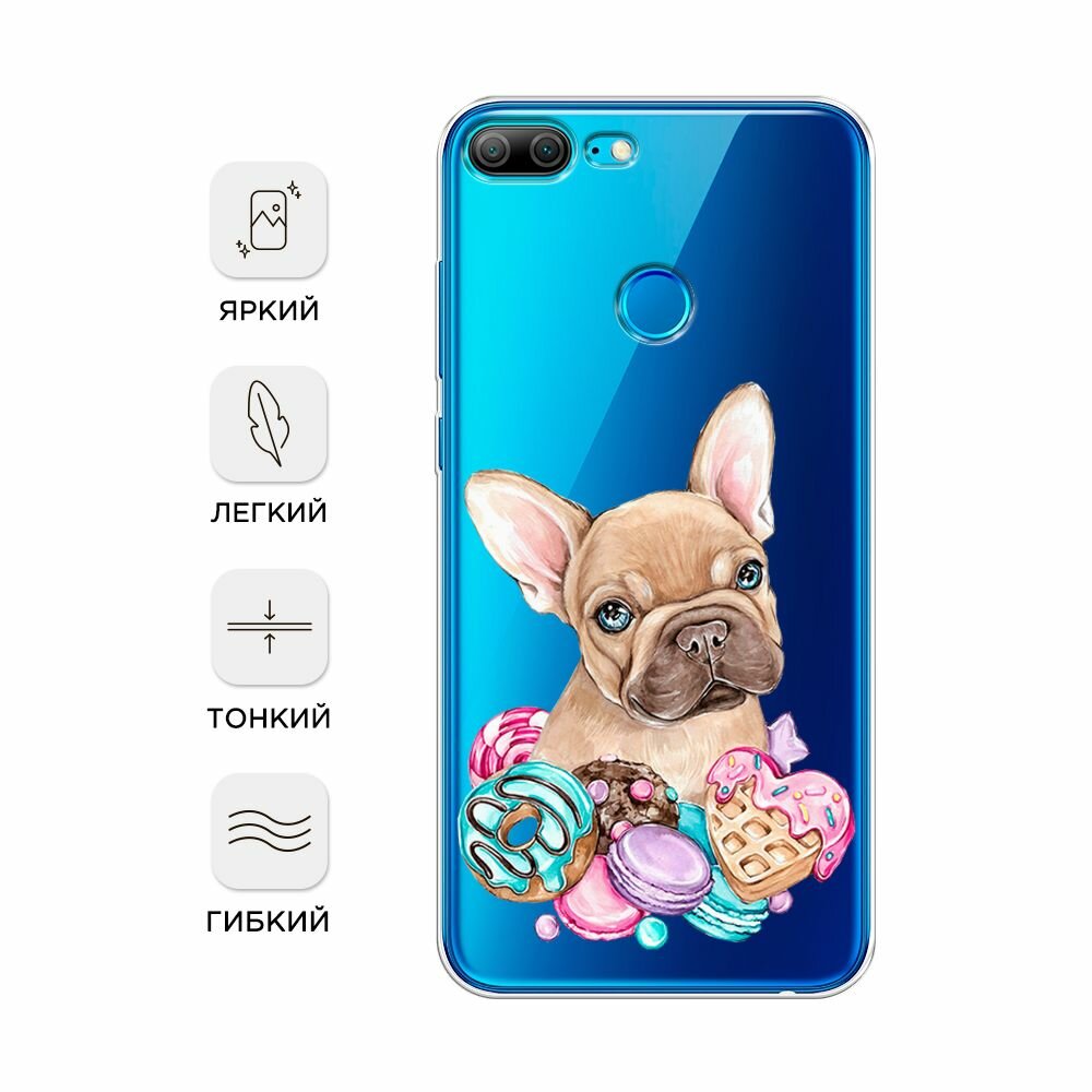 Чехол на Honor 9 Lite / Хонор 9 Лайт с принтом "Бульдог и сладости", прозрачный — фото 1