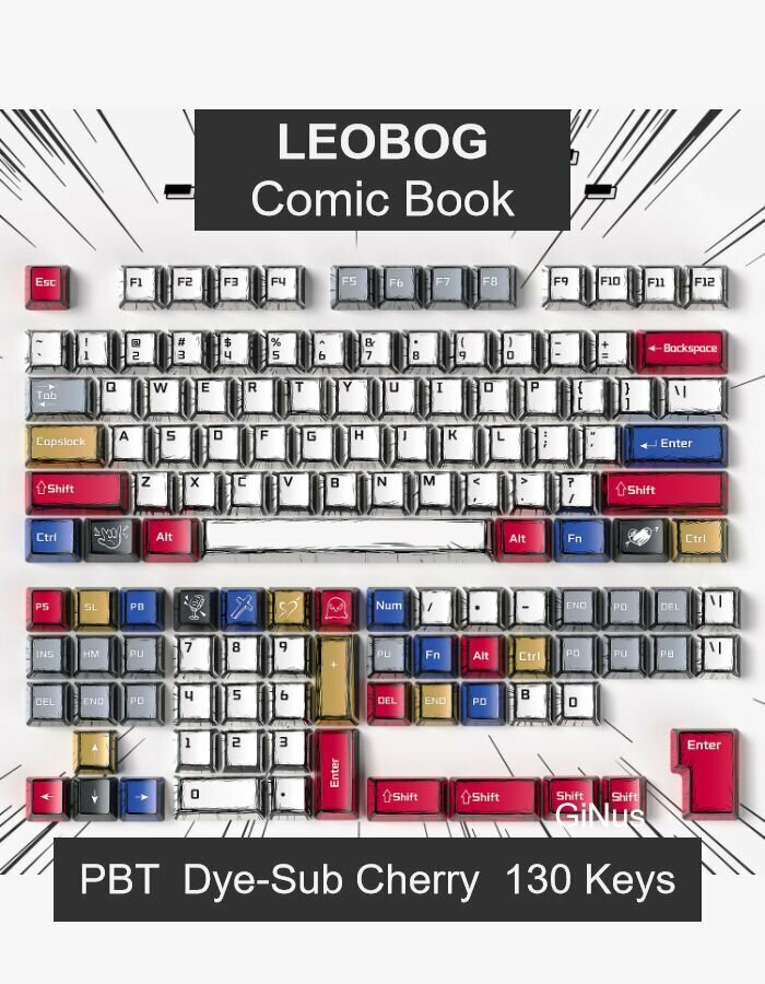 Кейкапы для механической клавиатуры LEOBOG Comic Book, White-Red, 130Keys, Cherry, PBT, Dye Sublimation