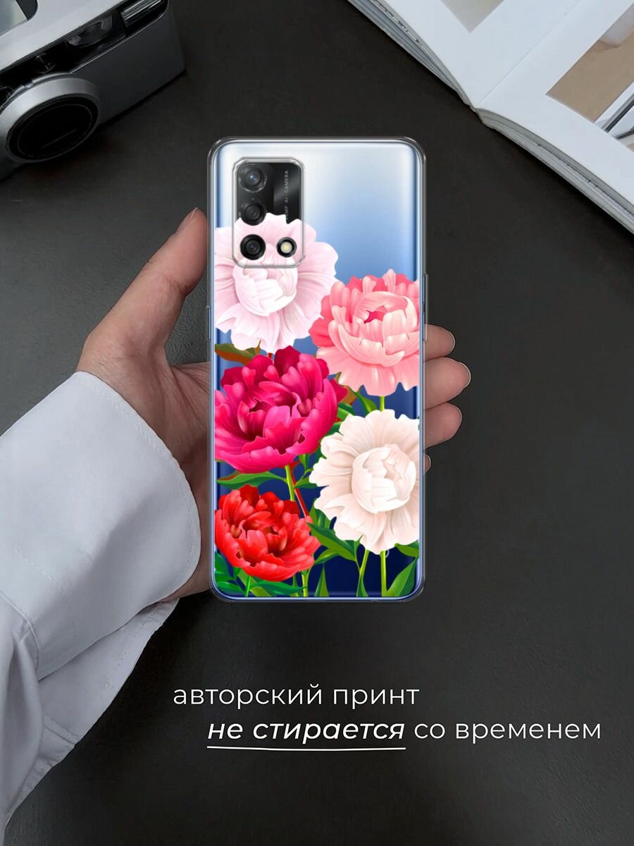 Чехол на Oppo A74 / Оппо A74 с принтом "Большие пионы", прозрачный — фото 1