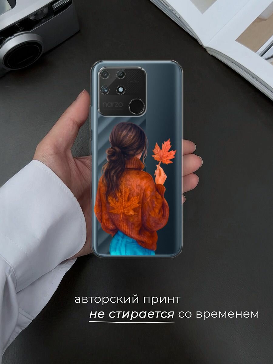 Чехол на Realme Narzo 50A / Реалми Нарзо 50A с принтом "Девушка с опавшим листом", прозрачный — фото 1