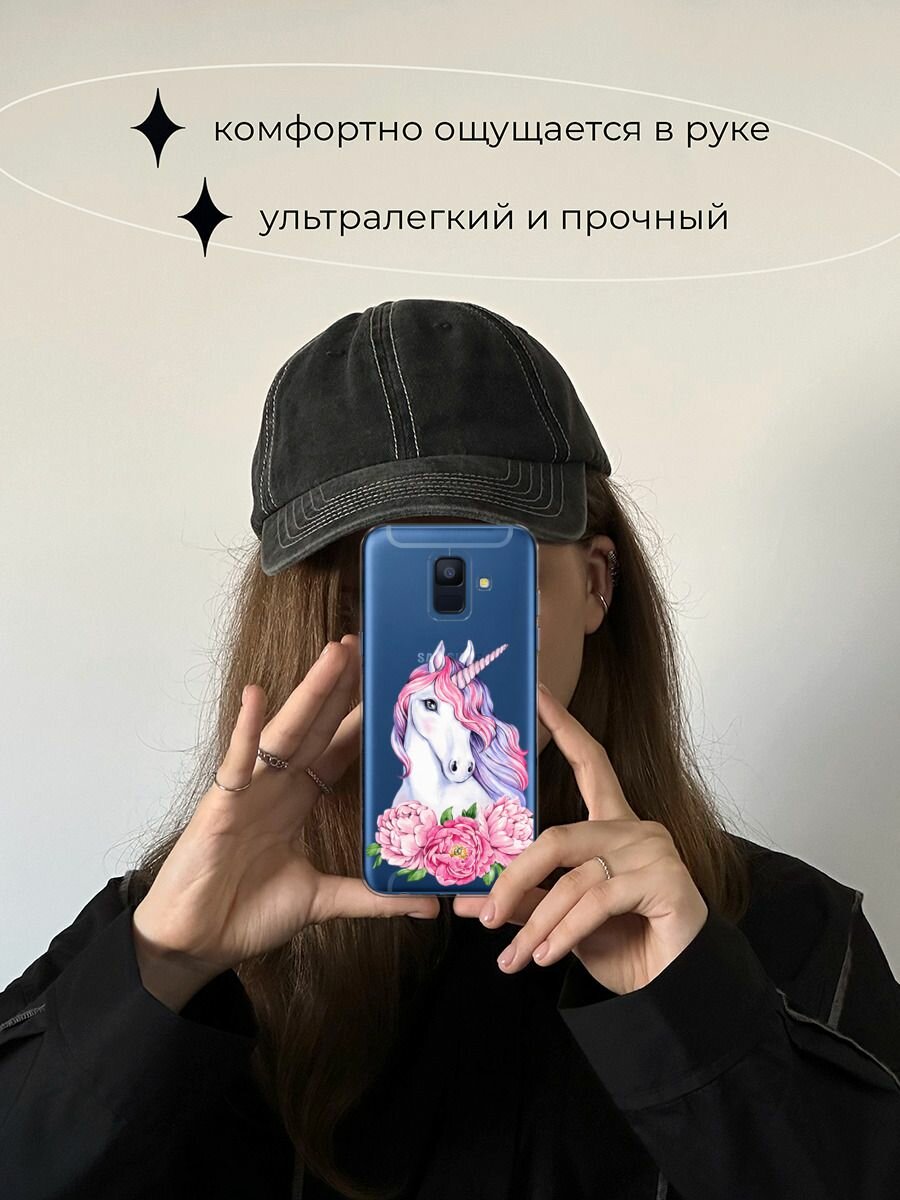 Чехол на Samsung Galaxy A6 / Самсунг Галакси А6 с принтом "Единорог с пионами", прозрачный — фото 1