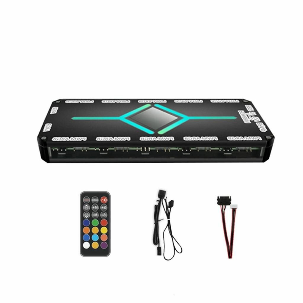 Центр вентилятора ПК для 12 ARGB и 10 PWM -соединений поставляется с простым удаленным магнитным поддержкой, Черный