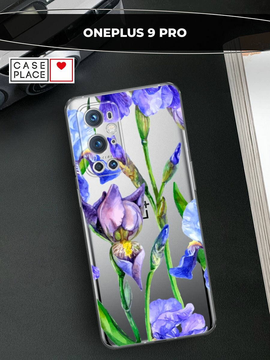 Чехол на OnePlus 9 Pro / ВанПлас 9 Про с принтом "Синие ирисы", прозрачный