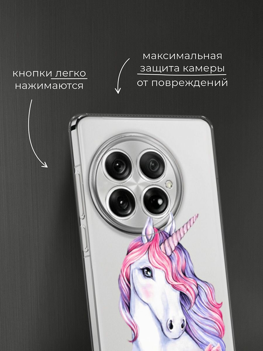 Чехол на OnePlus 13 / Ван Плас 13 с принтом "Единорог с пионами", прозрачный — фото 1