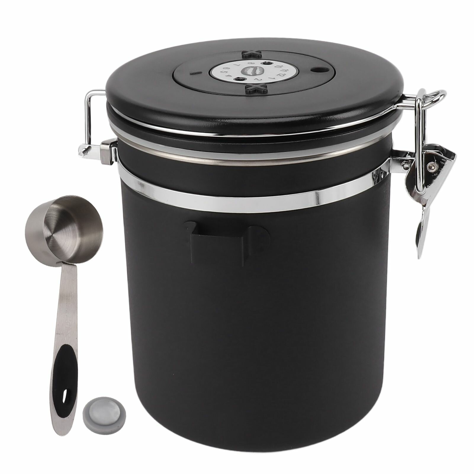 Кофейная канистра 1,5 л из нержавеющей стали, с совком и индикацией даты, герметичная, черный цвет