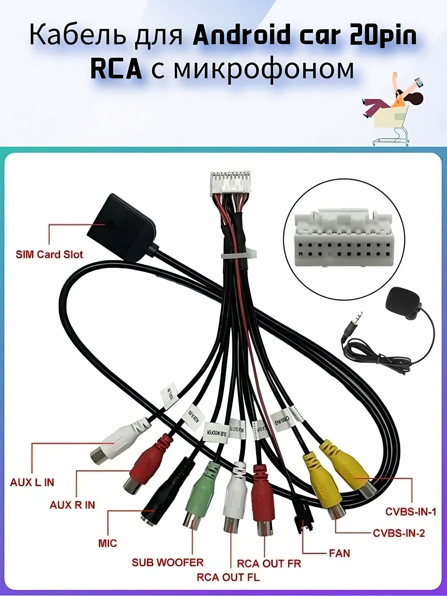 Разъём RCA 20 pin для Android магнитолы подключение усилителя, сабвуфера, AUX, микрофона и камеры. Универсальный кабель для Teyes, Kingbeats, Junsun и других