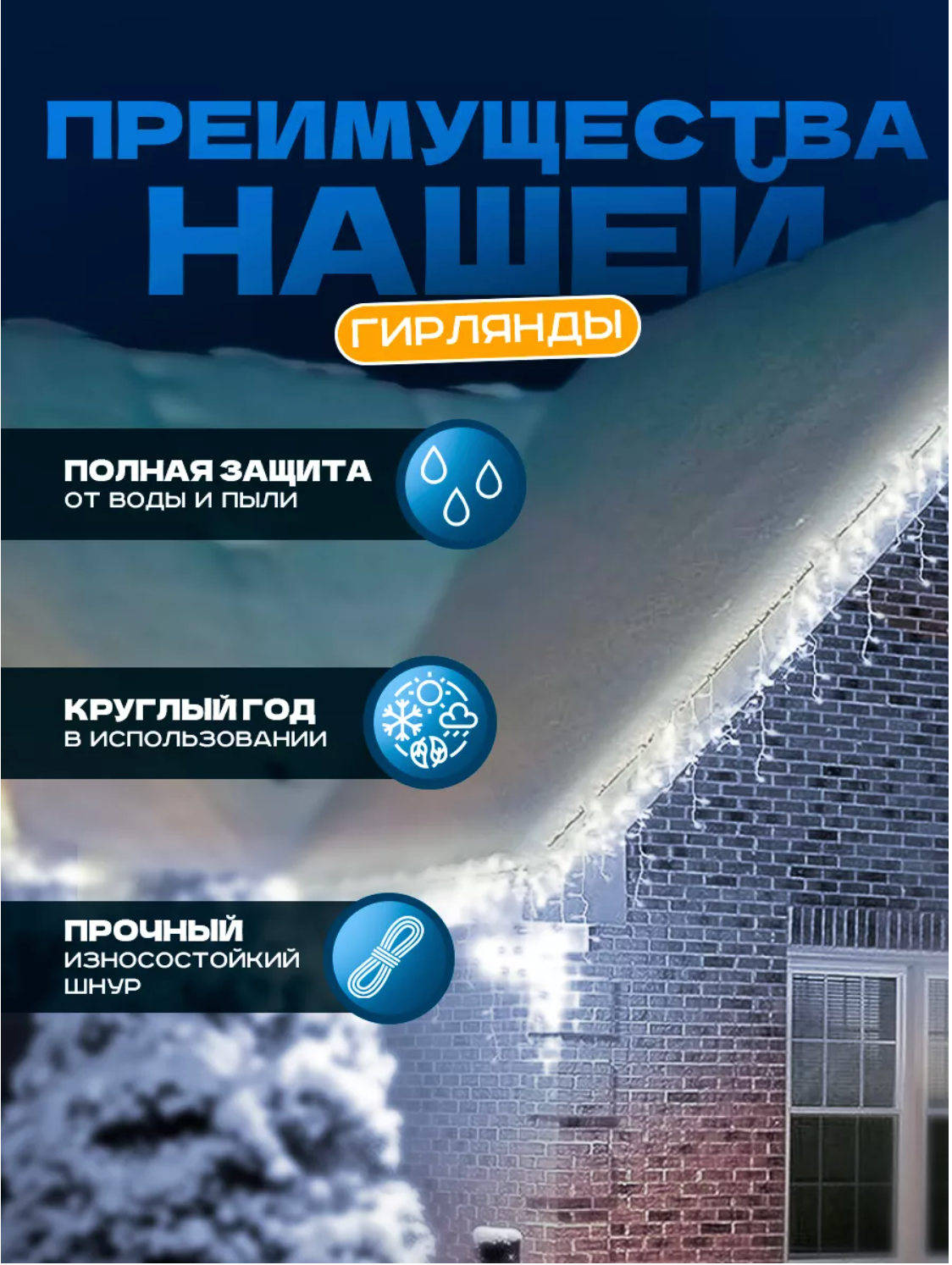 Сказочная гирлянда 12 метров, гирлянда уличная бахрома, светодиодная, новогоднее оформление, уличная, цвет белый