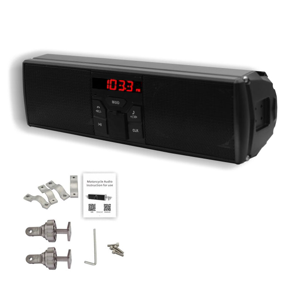 Motorcycle Anti-Theft Speaker Amplifier System Waterproof BT Audio Stereo with LED Display and Light Support APP Control Hands-Free Calling FM Radio USB/TF Card Playback USB Charge for 12V Electric Bicycles ATV