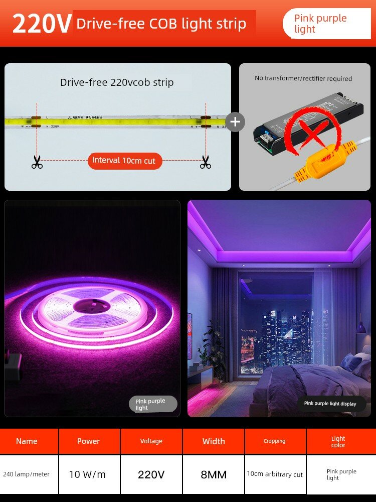 Светодиодная лента COB 220В с прямым подключением, без драйвера и трансформатора, линейный светильник без проводки,
