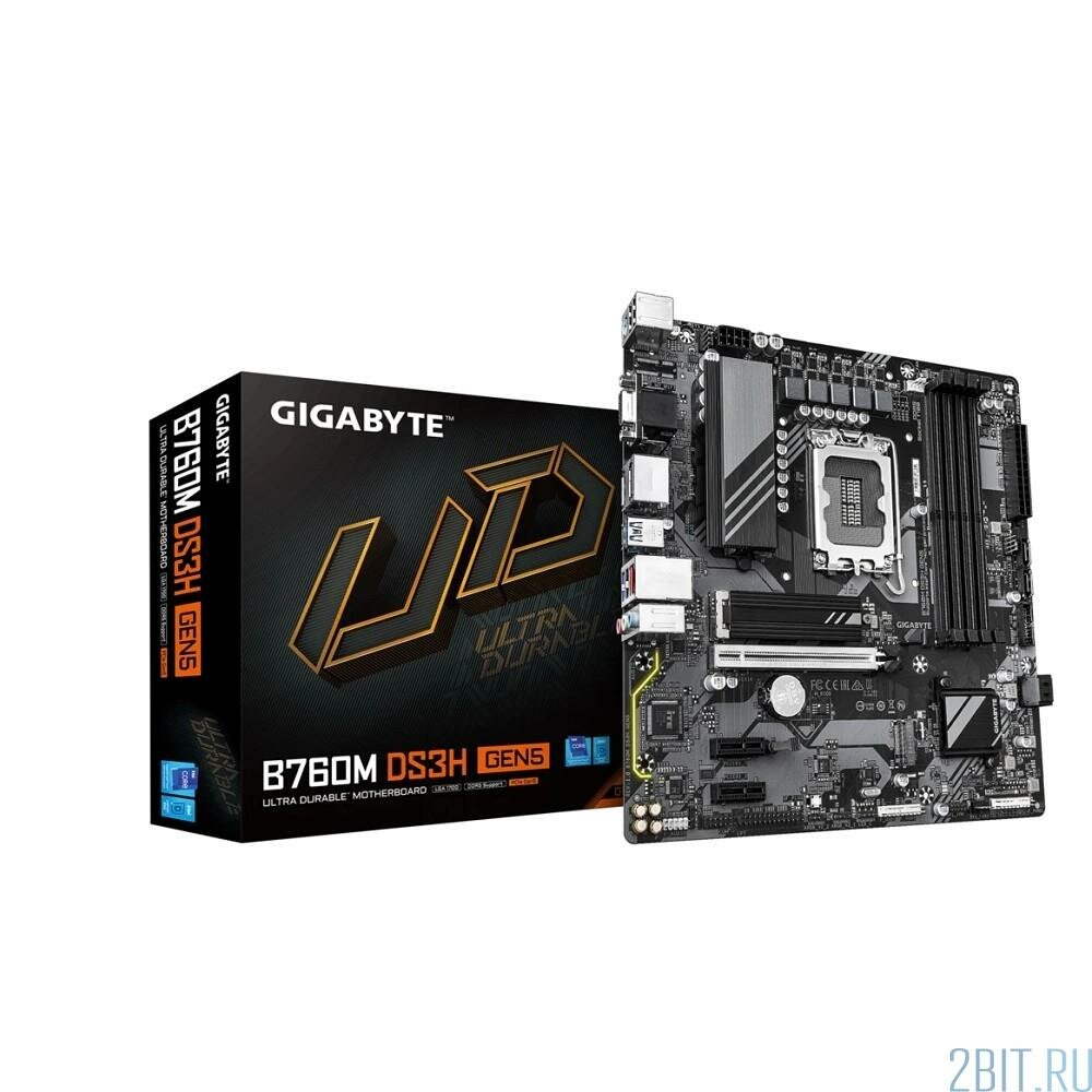 Материнская плата Gigabyte B760M DS3H GEN5 Soc-1700 Intel B760 4xDDR5 mATX AC`97 8ch(7.1) 2.5Gg RAID+VGA+HDMI+DP