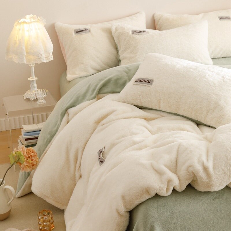 Комплект постельного белья из молочного флиса категории А (зимняя флисовая простыня и пододеяльник) — комплект из 4 предметов из кроличьего флиса класса люкс,200*230cm