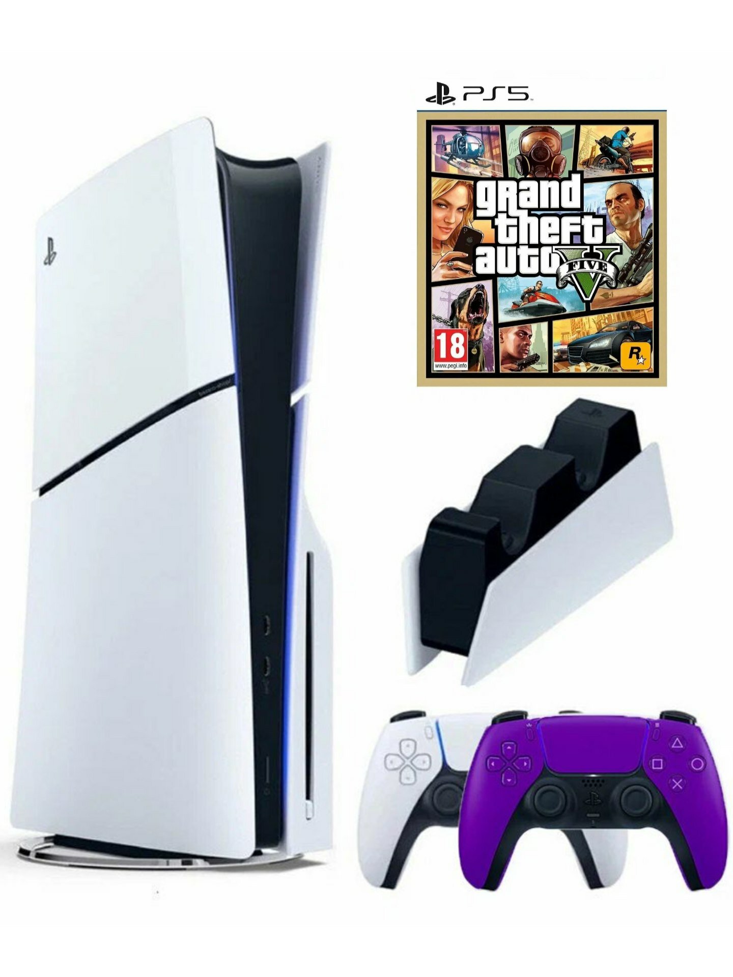 PS5 (ПС5) Игровая приставка Sony PlayStation 5 Slim + 2-й геймпад фиолетовый + зарядное+ игра GTA5