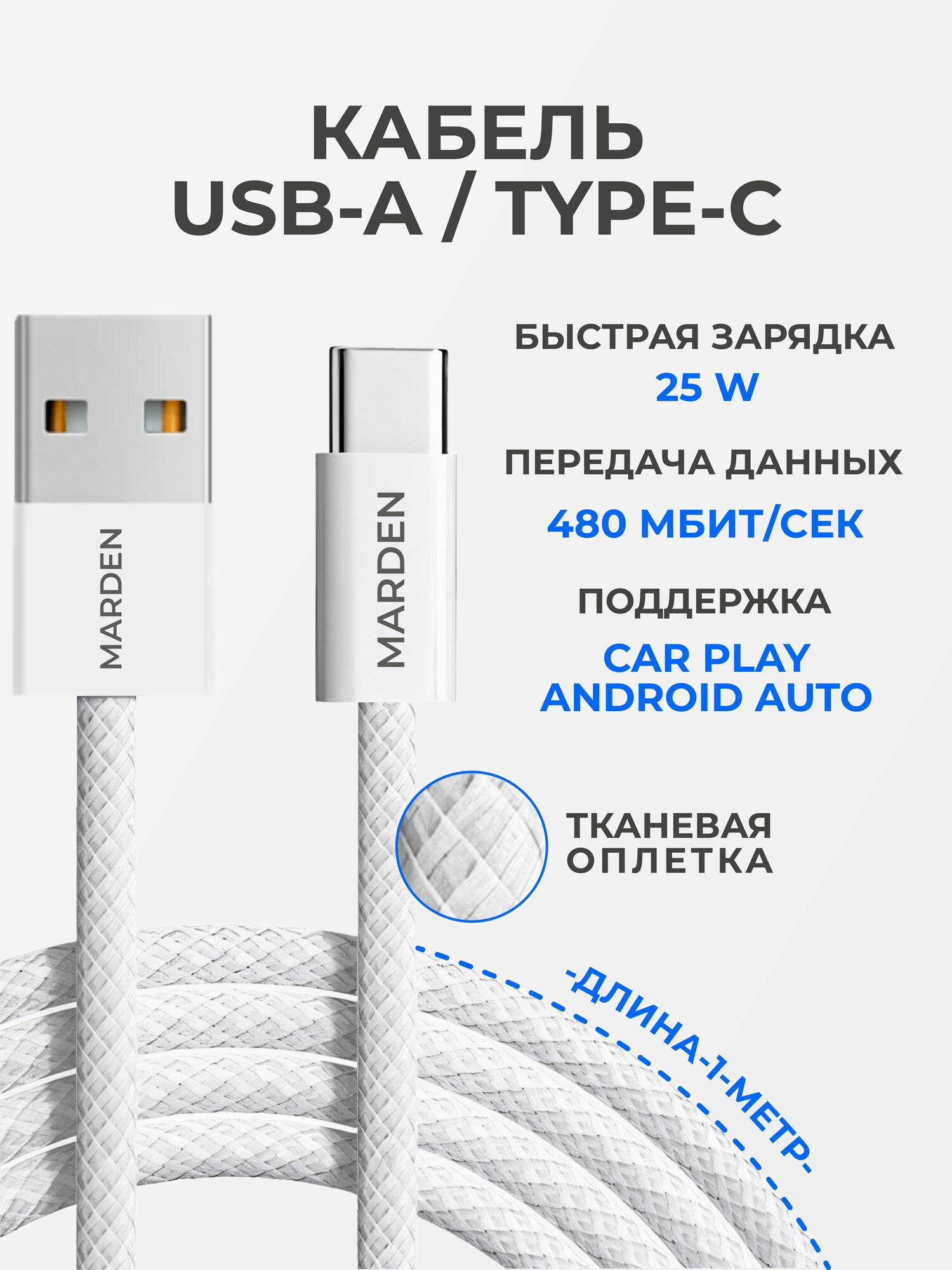 Кабель usb type-c 1 метр в тканевой оплетке / провод для авто / для carplay или android auto