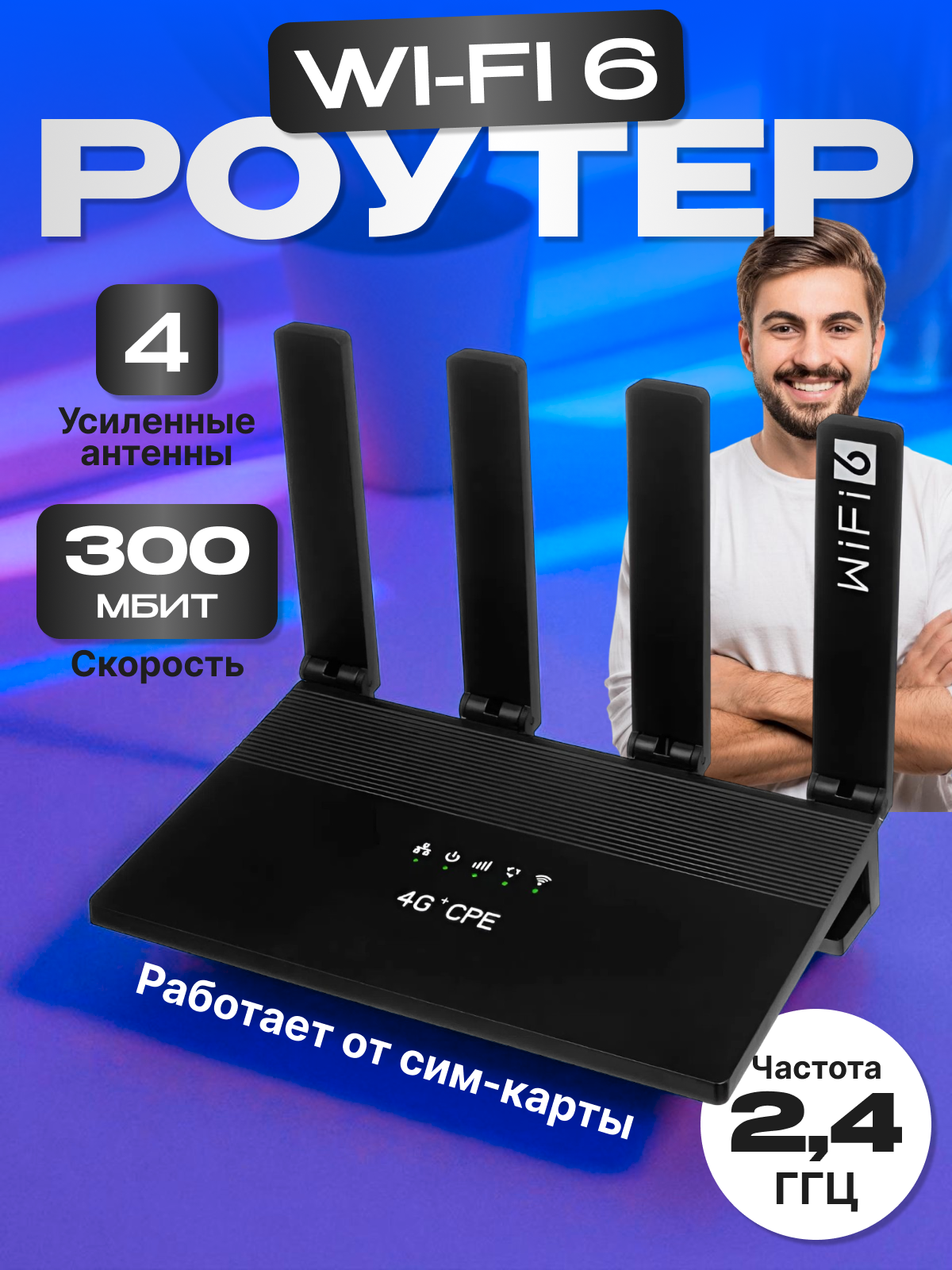 Роутер wifi с сим-картой 4G/ LTE, беспроводной, усилитель сигнала, модем (WIFI-6)