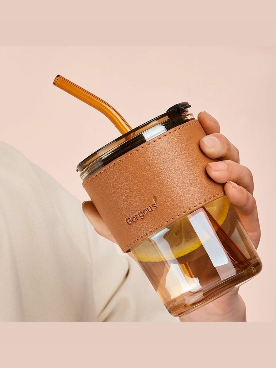 Стакан непроливайка для напитков/чай/кофе/соки с трубочкой коричневый