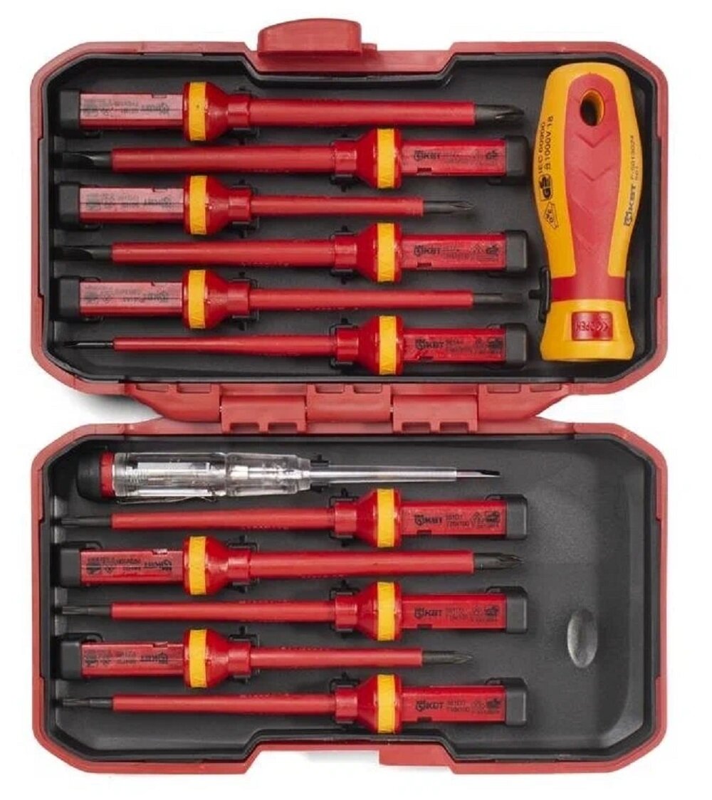 Набор диэлектрических отверток КВТ НИО-4412 (12 предметов) для работ под напряжением до 1000 В с тестером и кейсом