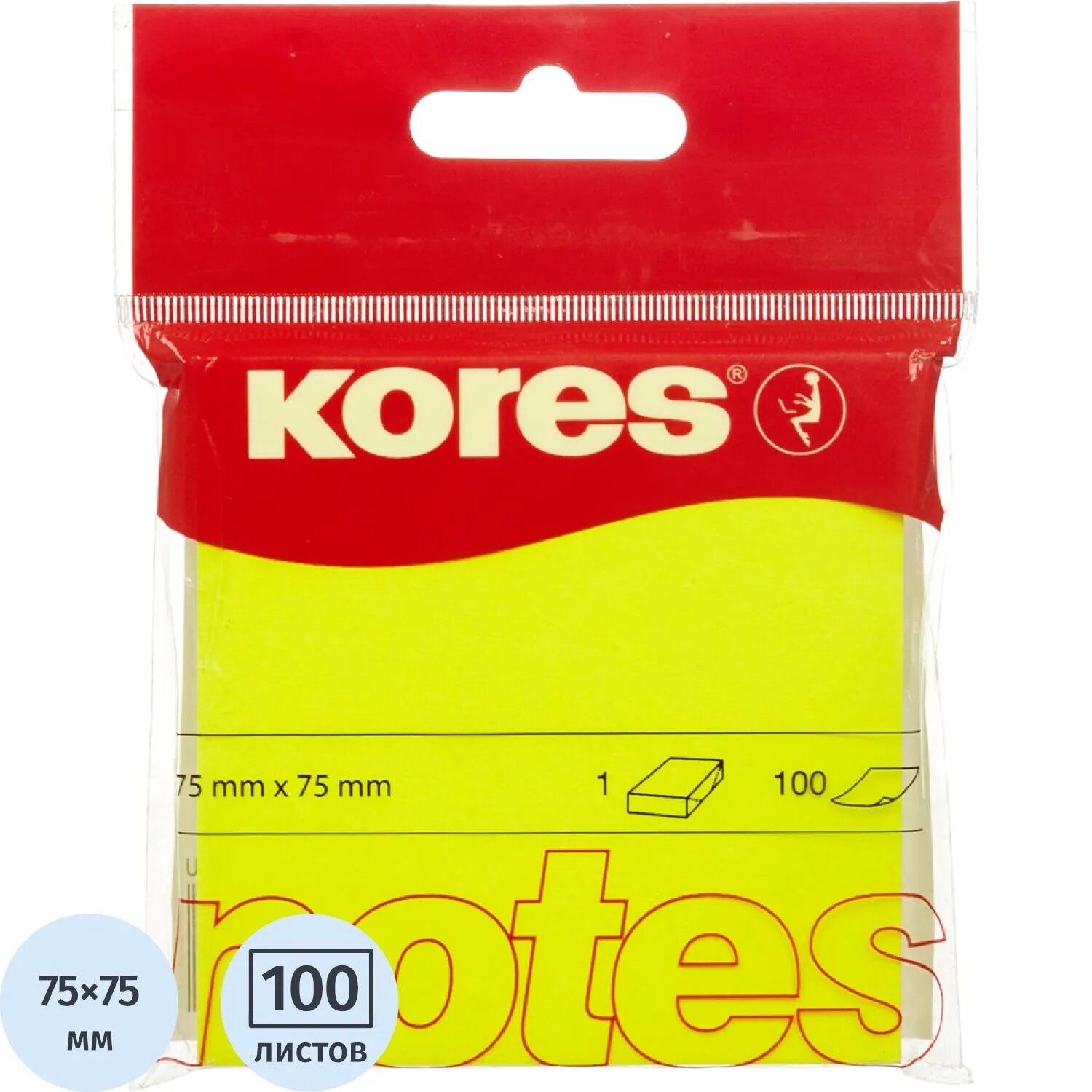 Стикеры Kores бум. для зам. 75х75 неоновая желтая 100л. '47076