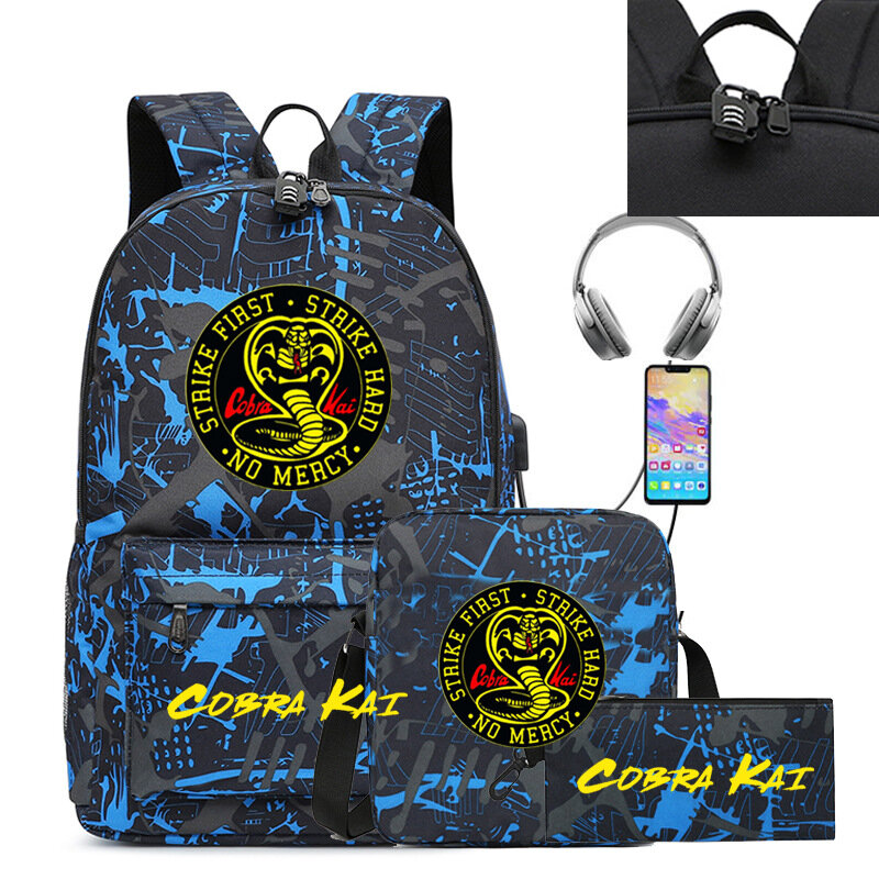 Новый американский сериал «Каратэ», детский рюкзак «Кобра», сумка для ручек, сумка на одно плечо, парусиновая школьная сумка из трех предметов 01
