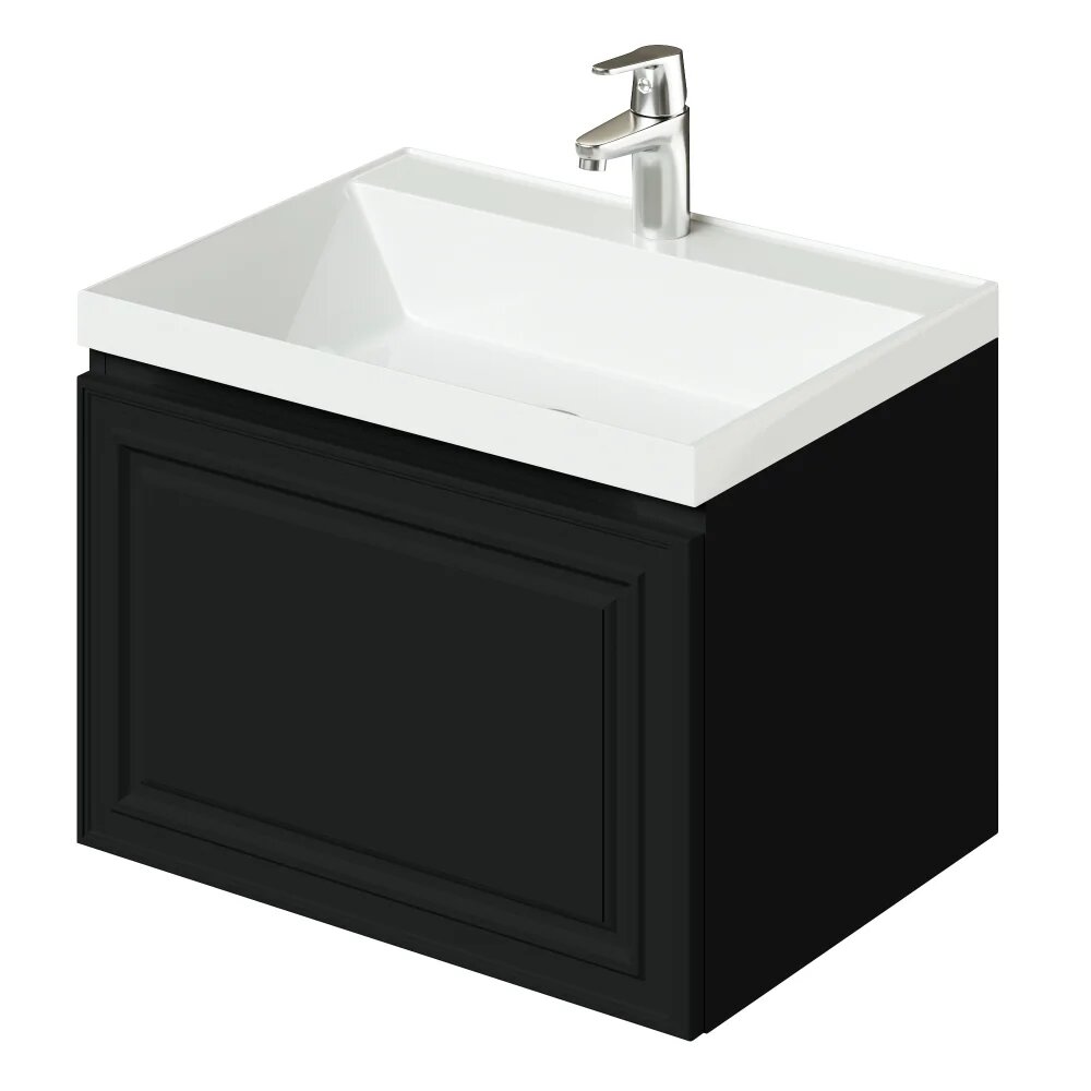 Тумба с раковиной Itana Verona 2.0 60 подвесная, 59, 7 см, черная, из МДФ, с ящиками, раковина для ванной из камня, прямоугольная