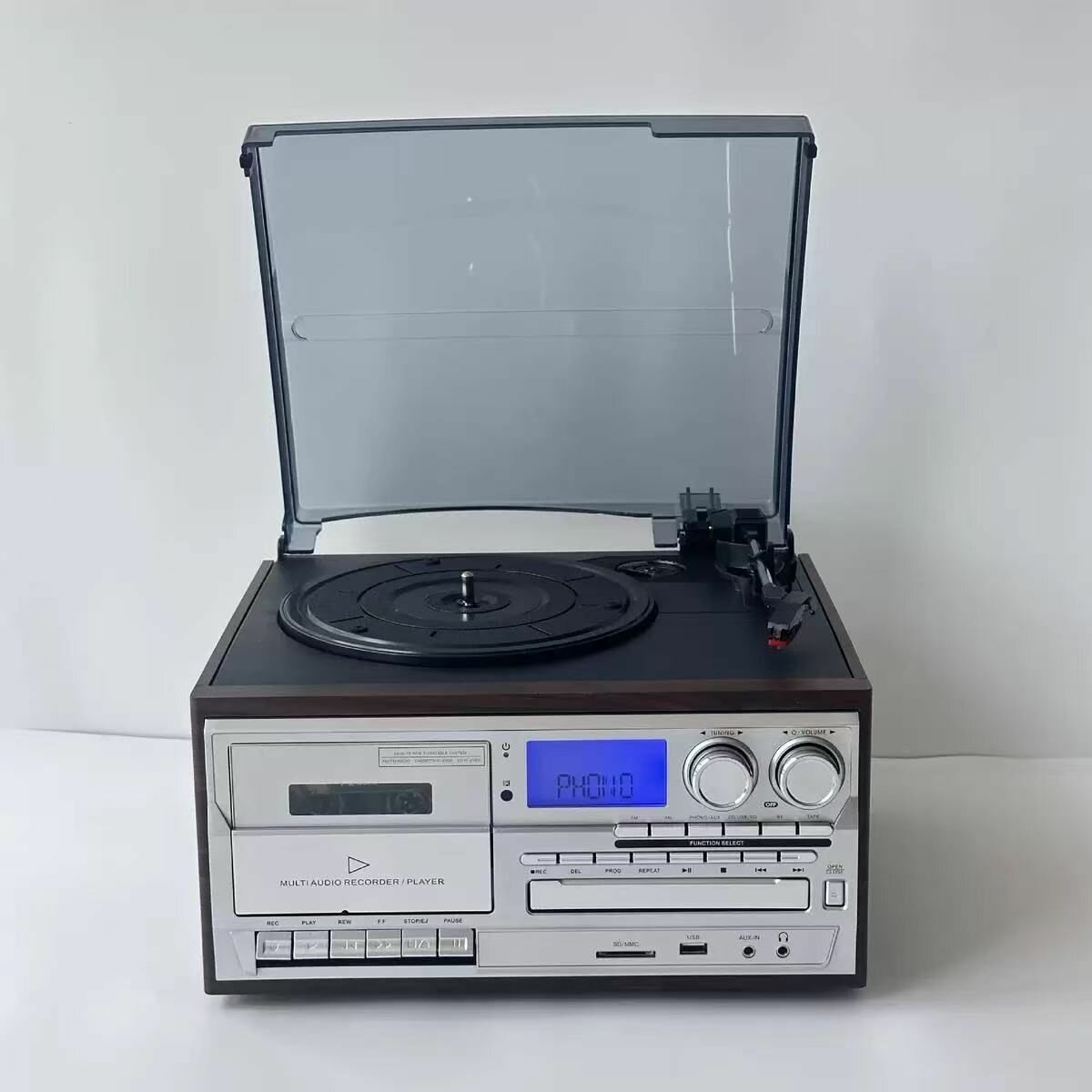 Встроенный проигрыватель пластинок с функцией Bluetooth, коричневого цвета, воспроизводит виниловые пластинки, кассеты, CD, FM-радио, а также поддерживает запись, Bluetooth и USB