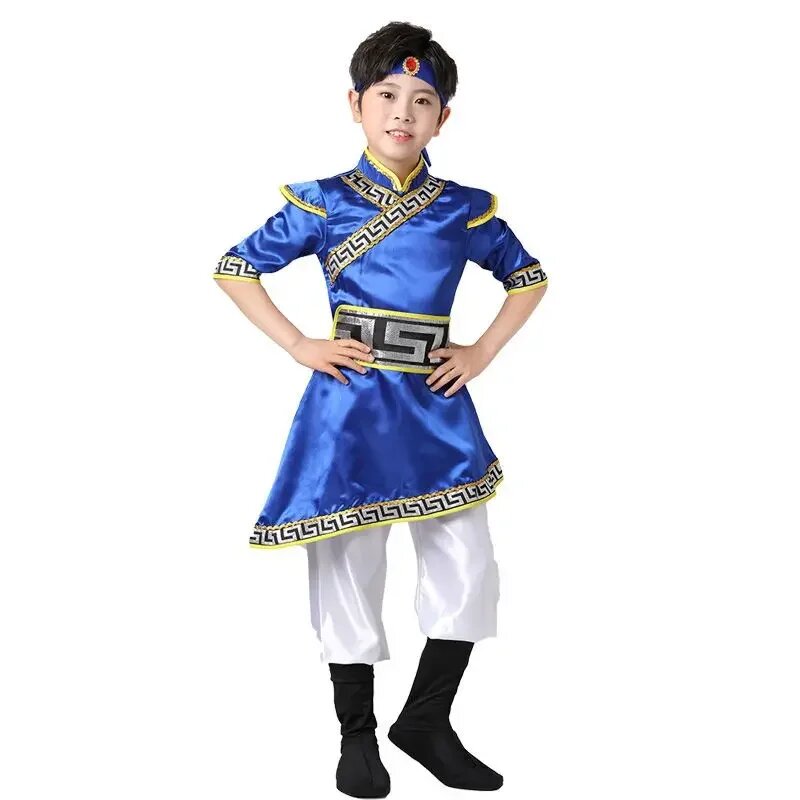 Детский монгольский костюм, розовый красный, полиэстер, хлопок Синий, XXL Height 150cm, Boy Blue 2