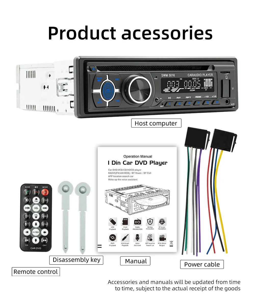 Автомагнитола Bluetooth с USB-портом, FM-радио, функцией громкой связи, входом CD/DVD/AUX, SWM 5016