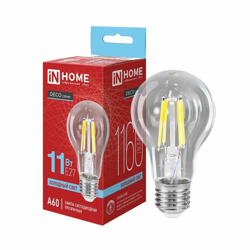 Лампа светодиодная LED-A60-deco 11Вт 230В Е27 6500К 1160Лм прозрачная IN HOME