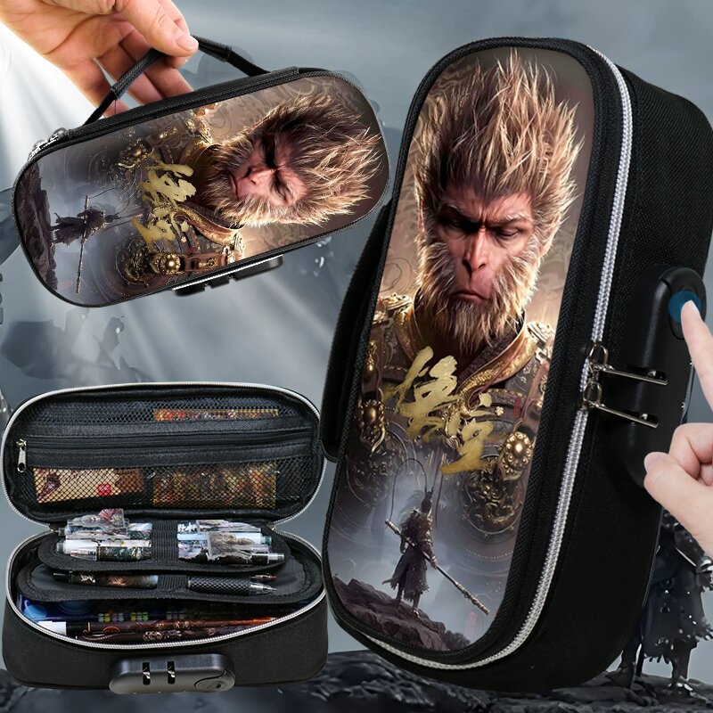 Пенал Black Myth: Wukong с кодовым замком для мальчиков, четырехслойный портативный пенал, грязеотталкивающий,