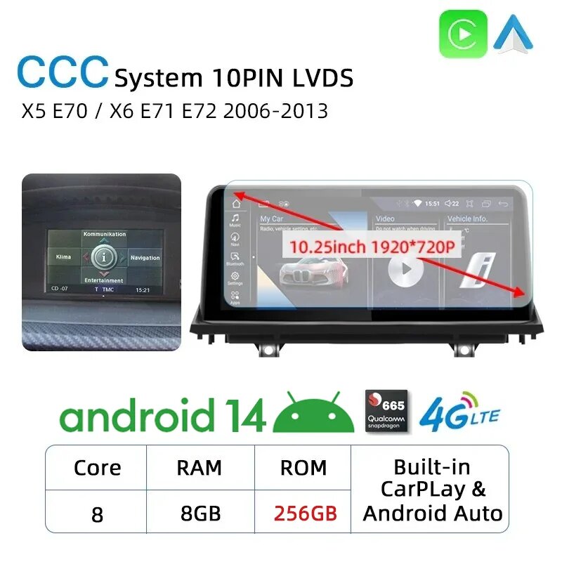 Новый ID8 Qualcomm 8 + 256 ГБ Android 14 авто радио для BMW X5 E70 X6 E71 2006-2013 беспроводной Carplay GPS мультимедийный плеер стерео DSP Q8G256 CCC
