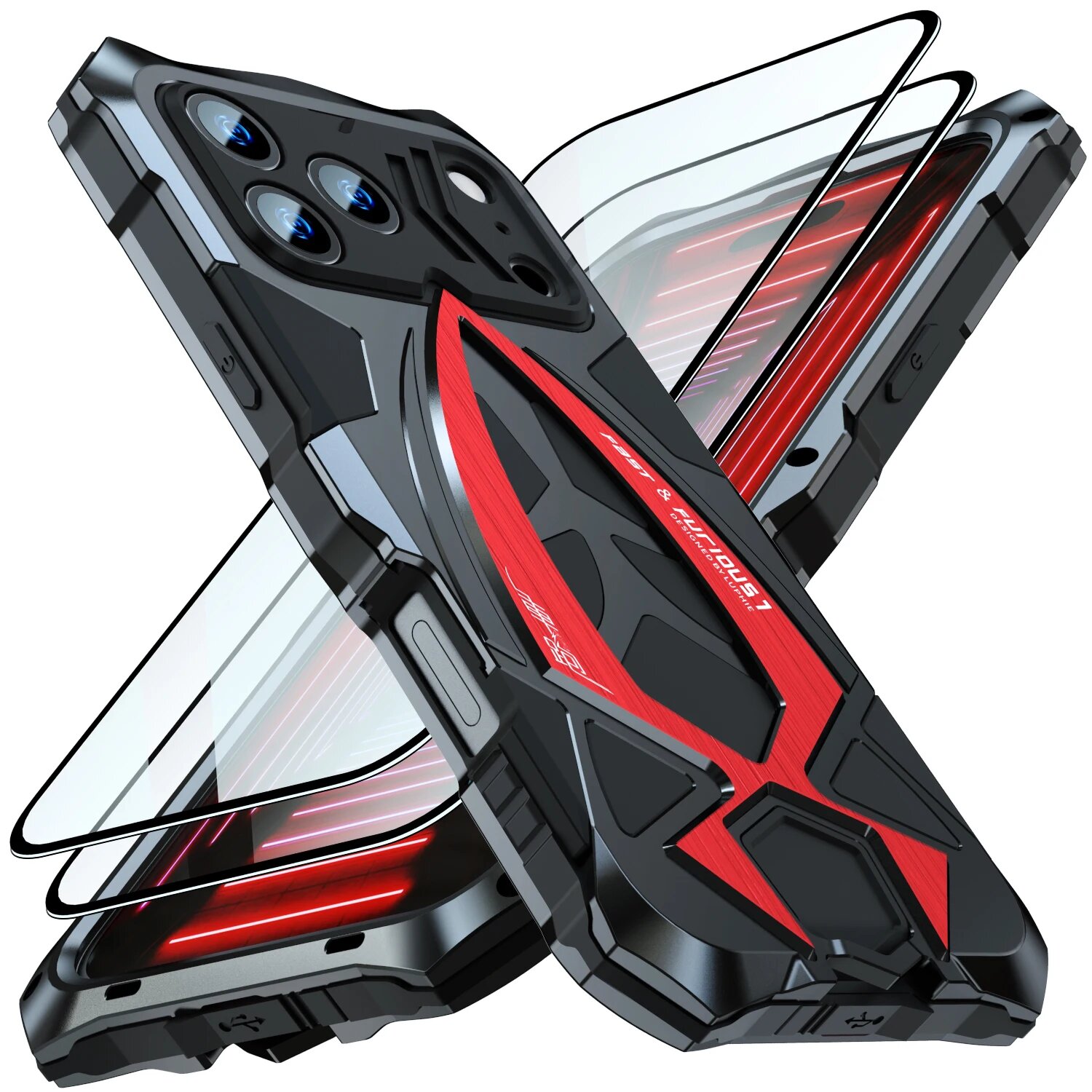 Металлический чехол Full Doom Armor 360 для iPhone 17 Pro Max, алюминиевый бампер, гибридный прочный противоударный чехол для iPhone 17 Pro/Air iPhone17 Про Макс, Black and red