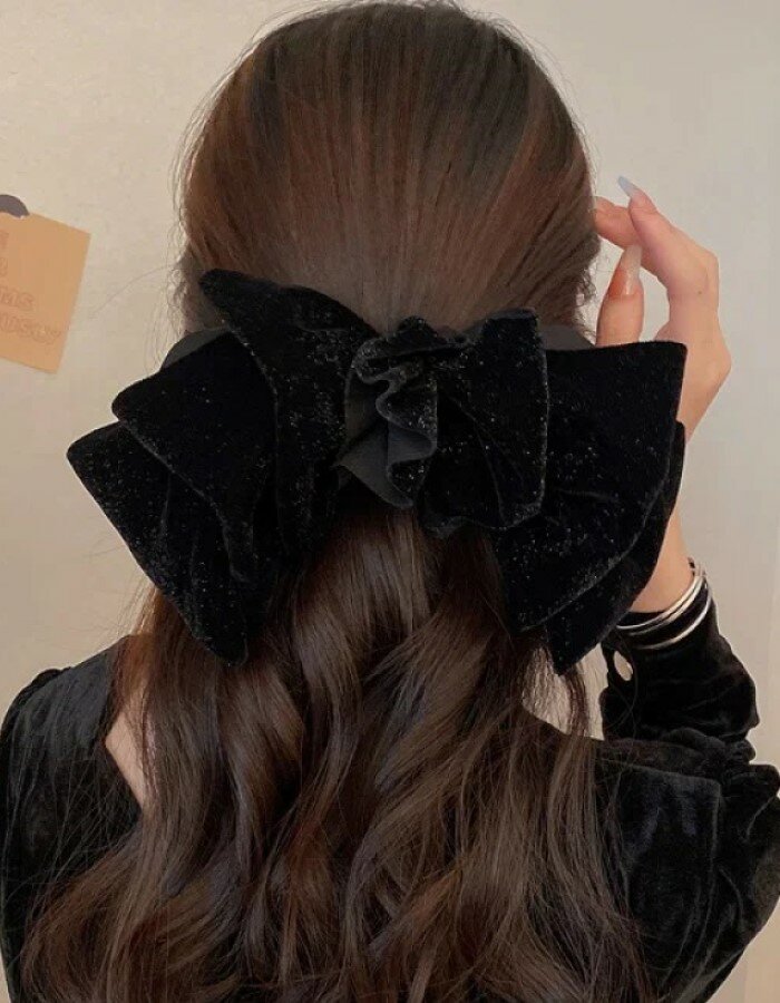 Заколка для волос, большой черный бант, бархатный, с блестками