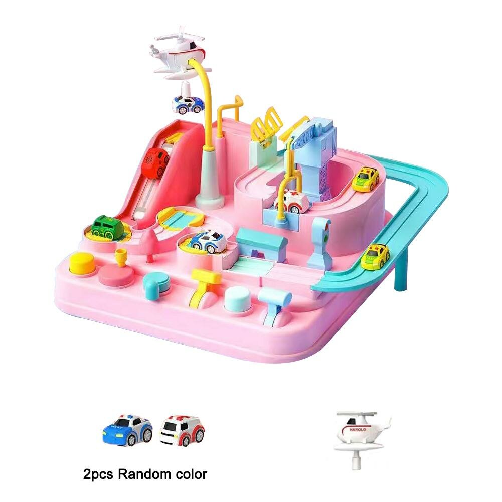 Инерционная железная дорога с парковкой, детская развивающая игрушка по мотивам автомобильных приключений