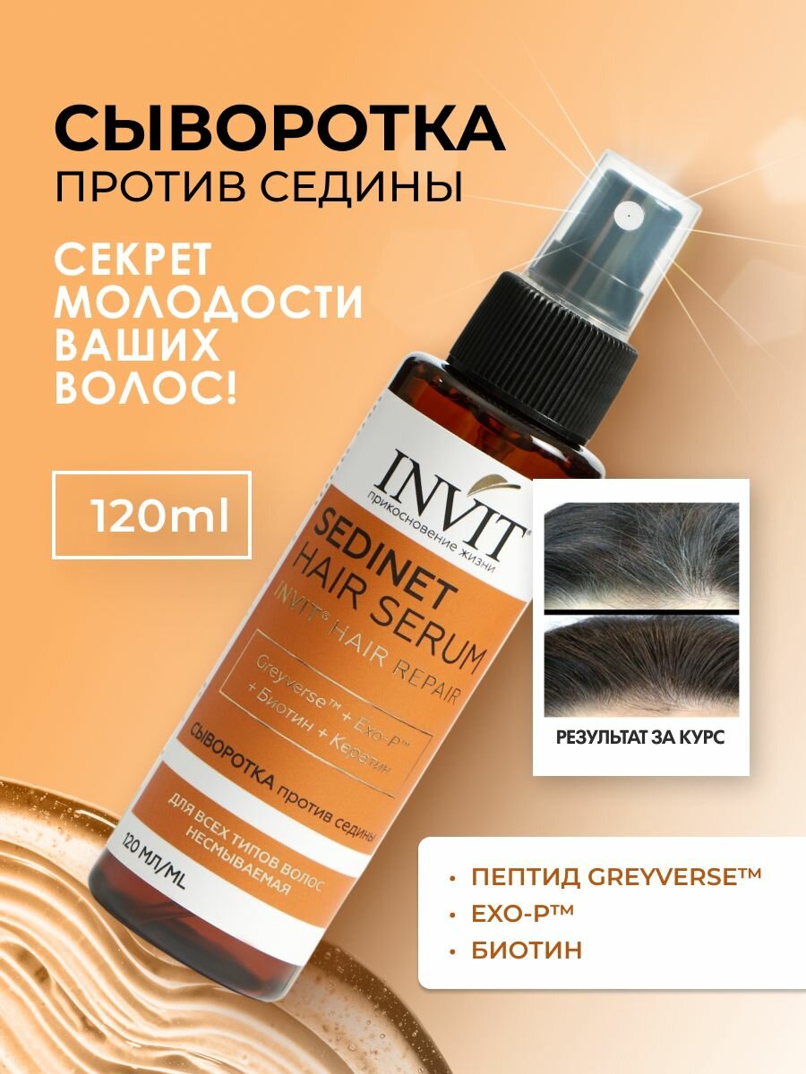 INVIT / Сыворотка для волос против седины с пептидом для восстановления натурального цвета волос, 120 мл