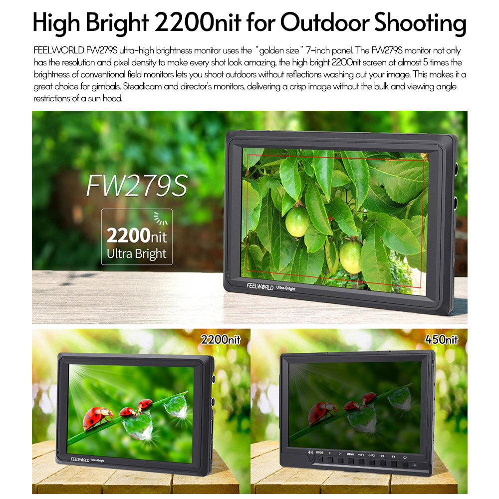 FEELWORLD FW279S 7-дюймовый 2200нит ультраяркий полевой монитор для камеры с возможностью дневного просмотра, тонкий дизайн, 3G-SDI 4K HDMI вход-выход, IPS-панель 1920*1200 для съемки на улице / просмотр даже при прямом солнечном свете