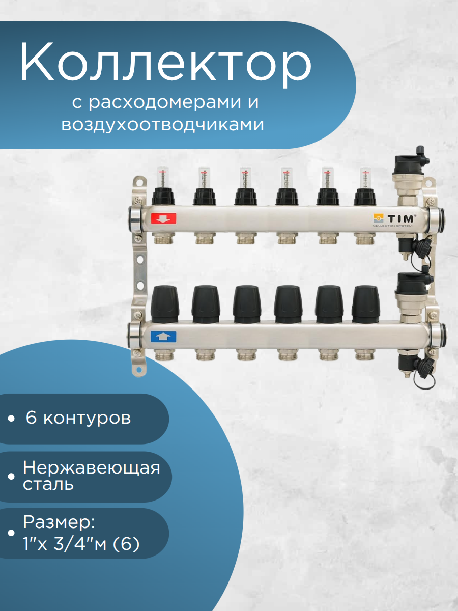 Коллекторный блок Tim KCS, нержавеющая сталь, для тёплого пола, с расходомерами, 1", 6 выходов