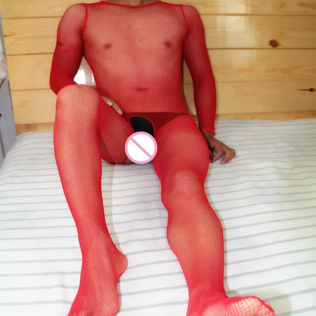 Сексуальное мужское нижнее белье, мужская пижама с открытой промежностью, сексуальная пижама с длинными рукавами, сетчатый боди, черный, красный, зеленый