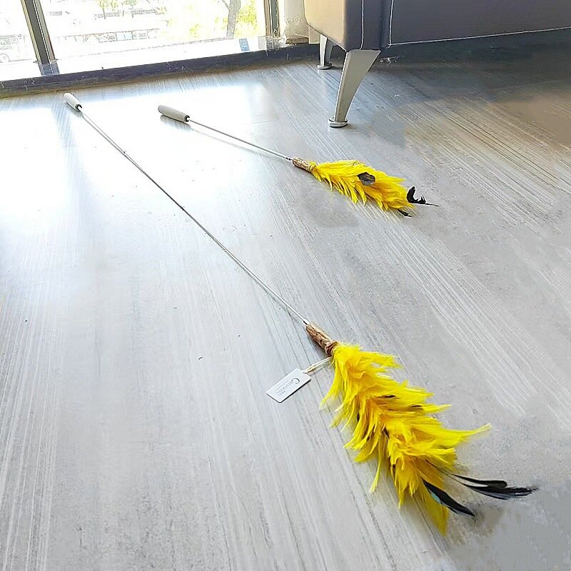 Кошачья игрушка супер-длинный стек с куриным хвостом/страусиные перья. Коктейльный цветок кот забавная палочка желтый