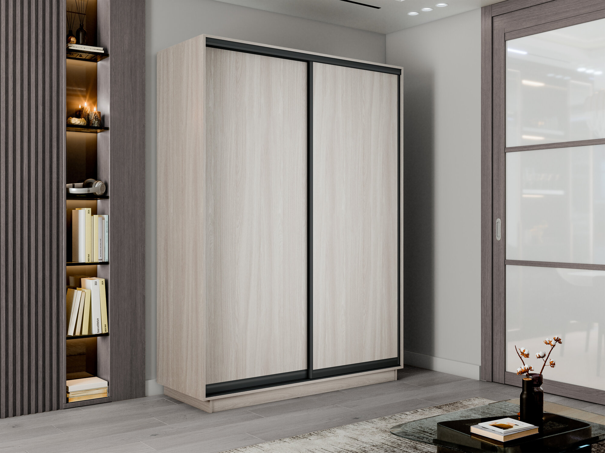 Шкаф купе Вилли 2-х дверный ЛДСП, профиль черный 180 см х 220 см х 60 см (Ясень шимо-светлый)