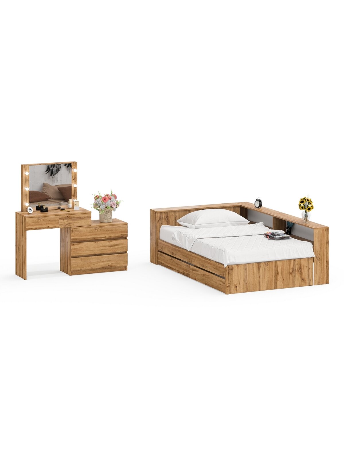 Туалетный столик для спальни с подсветкой и кровать Ксения 1200 с ящиками и прикроватный блок, цвет дуб вотан