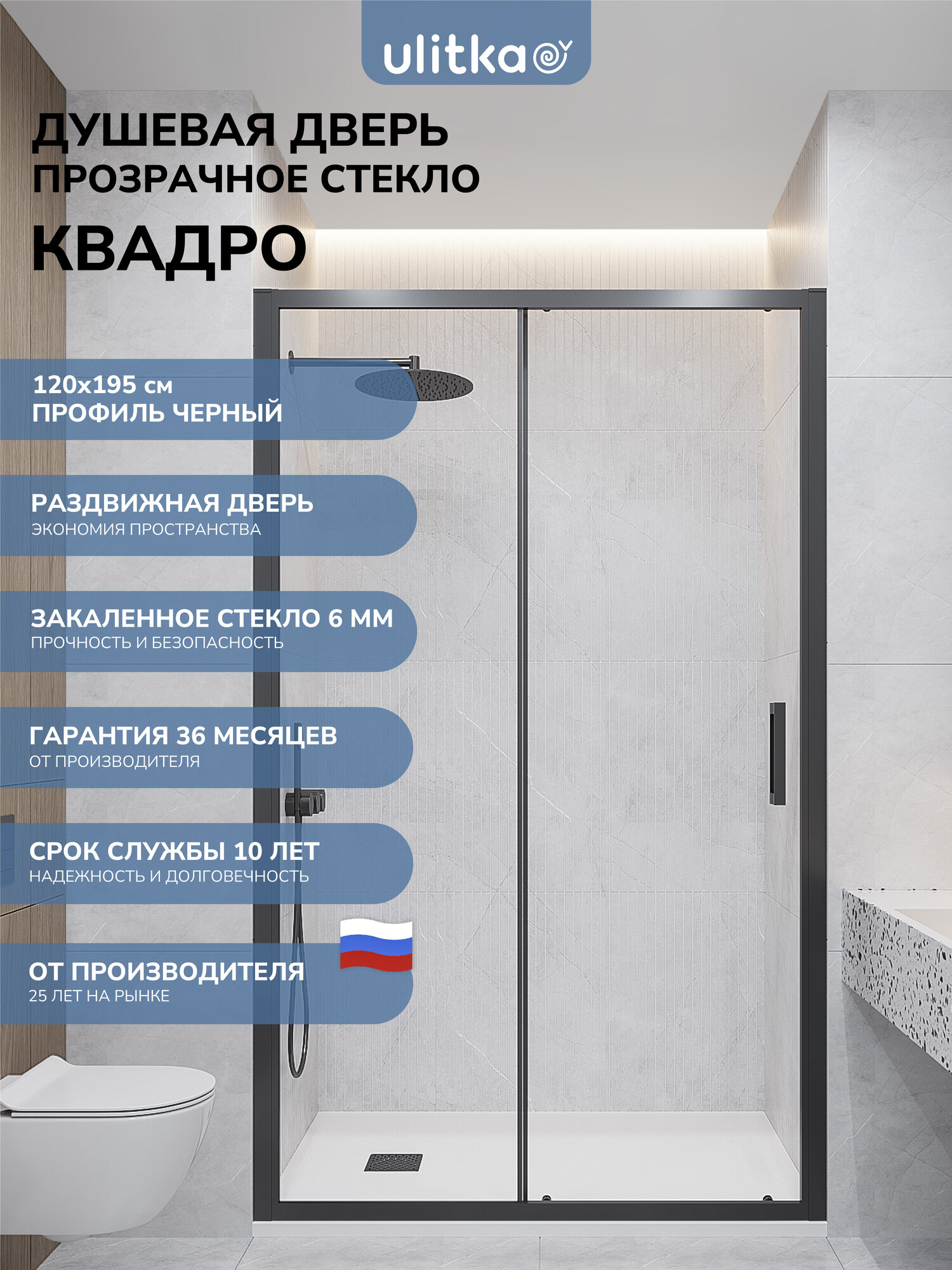 Душевая дверь в нишу 120х195 см. Квадро прозрачное стекло, профиль черный