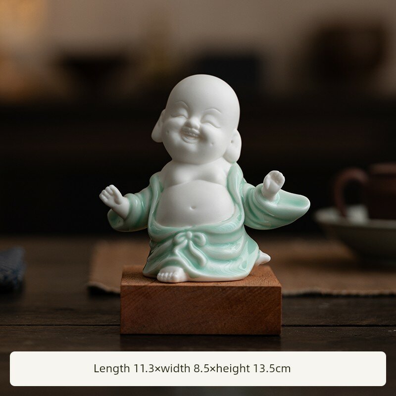 Будда Майтрейя из целадона с пузатым животом, настольный чайный питомец, украшение, милый смеющийся Будда, маленький