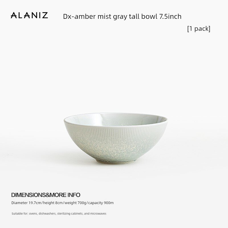 Alaniz DX Ambernyy Tumannyy Seriy Vysochayushchiysya Bowl - Glubokaya Keramicheskaya Posuda, 19.7cm Diametr