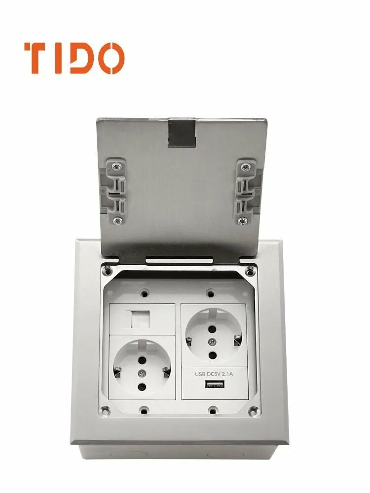 Лючок под розетки встраиваемый в пол ламинат плитку в пол 2 розетки + 1 Интернет +1USB Цвет: Цвет нержавеющей стали