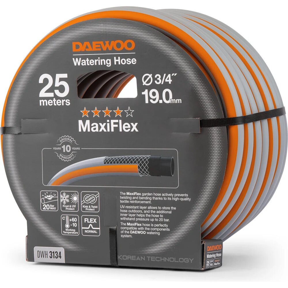 Шланг DAEWOO Maxiflex диаметр 3/4 19 мм, 25 м DWH 3134, армированный ПВХ, бытовое назначение, оранжево‑серый цвет — фото 1