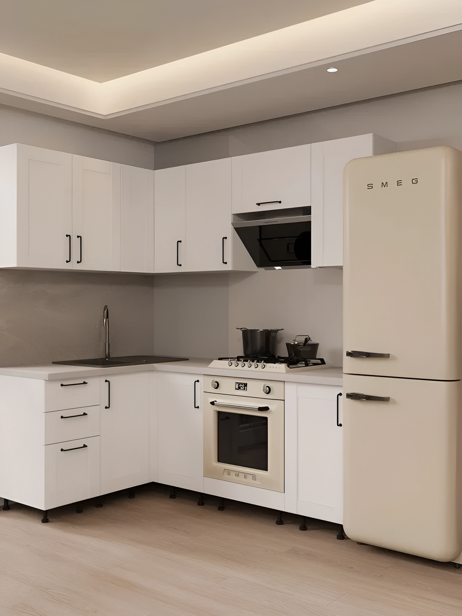 Кухонный гарнитур угловой Аризона МДФ 1,4х2м белый с модулем под духовой шкаф со столешницей