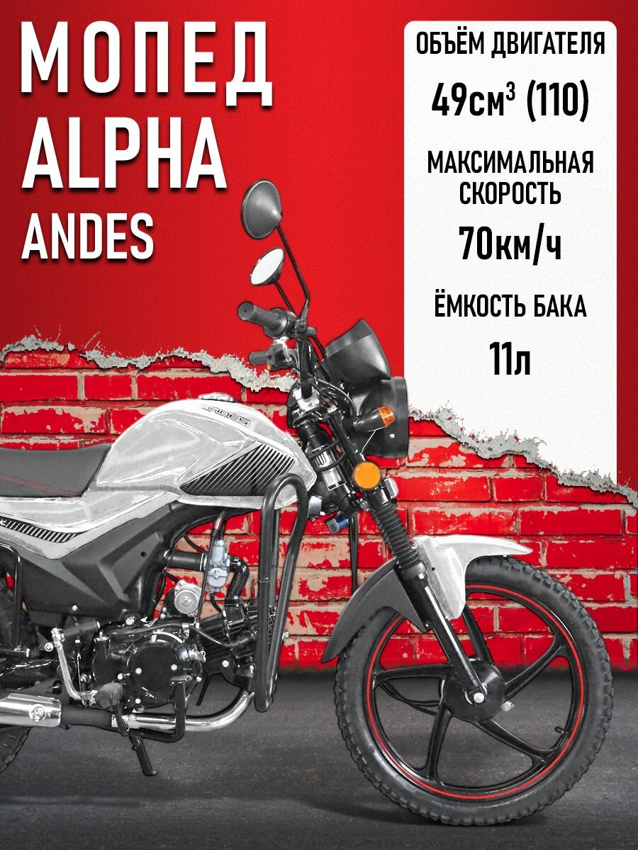 Мопед Alpha ANDES (Тюнинг) (защита ног, подставка для ног, багажник, литые диски)серебро