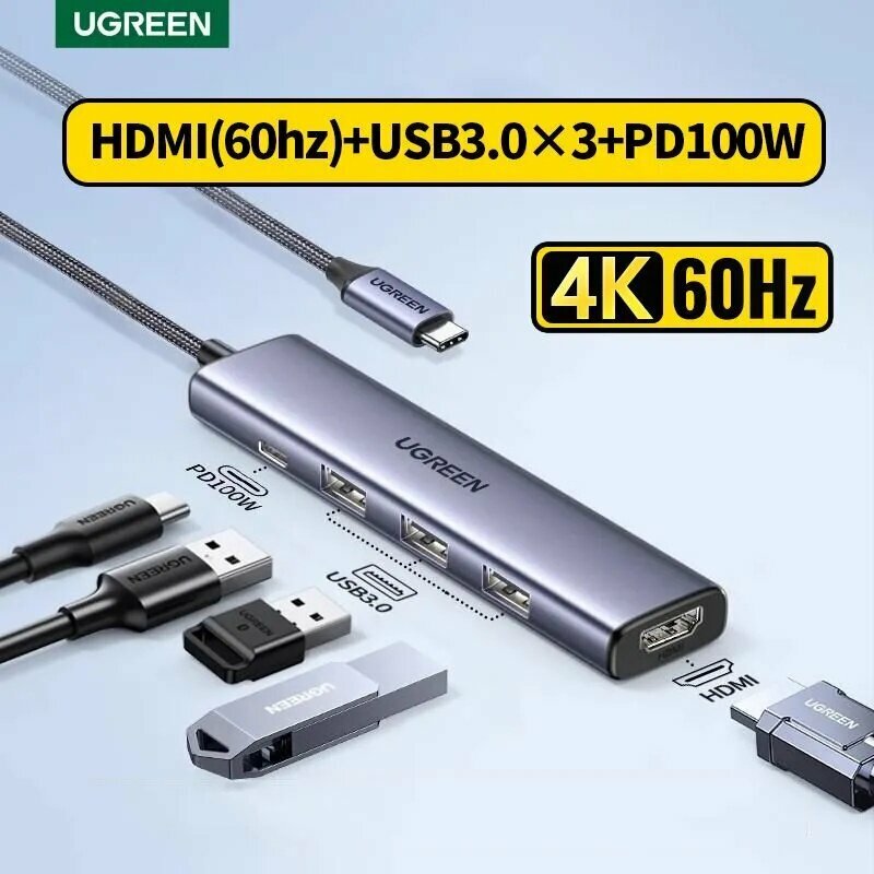USB-Концентратор UGREEN 5-in-1 (15597),4K(60HZ)HDMI, USB 3.0, PD 100W Hub