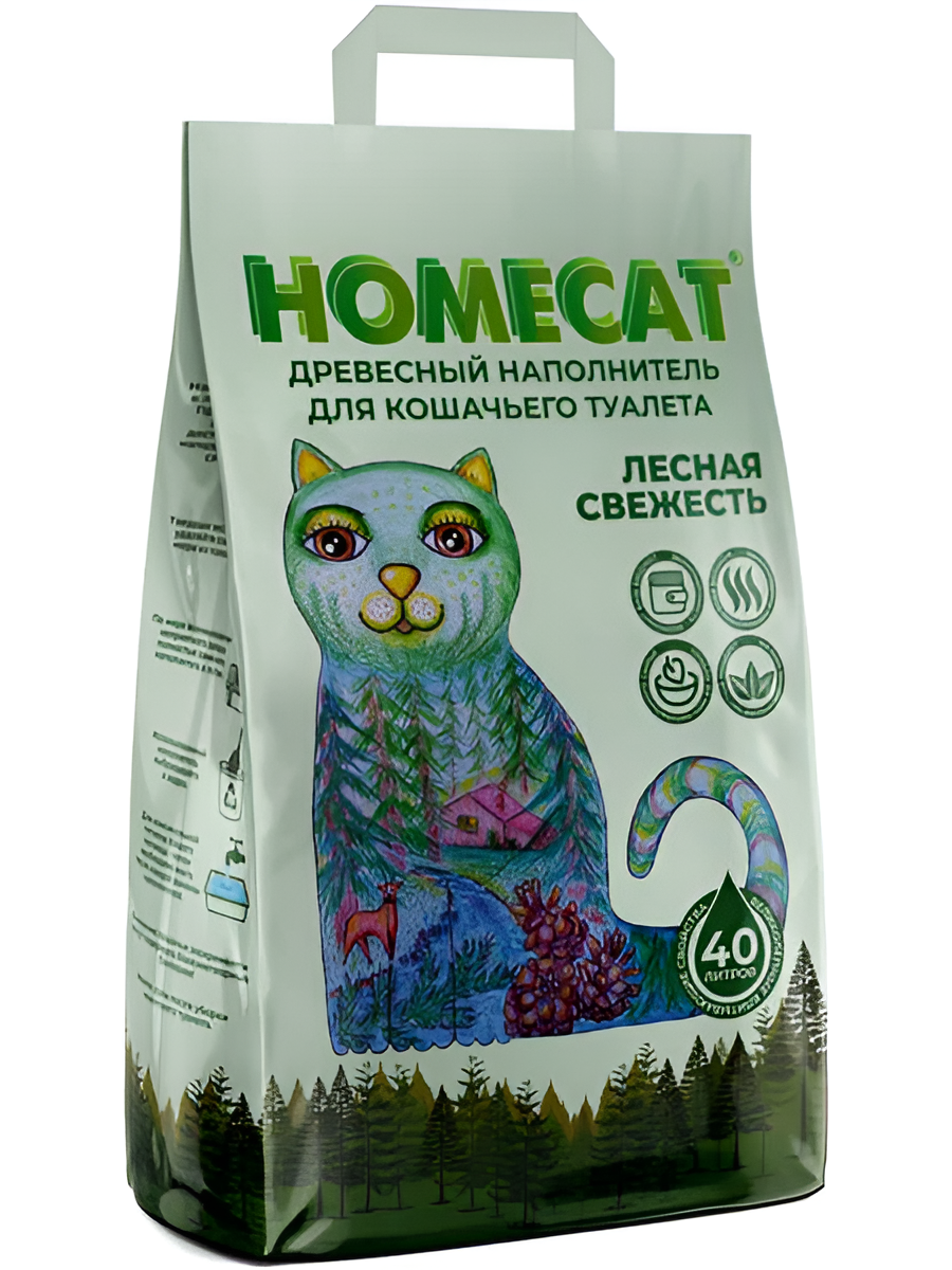 HOMECAT Лесная свежесть 2 шт по 40 л / 12 кг древесный наполнитель, мелкие гранулы, для кошачьих туалетов