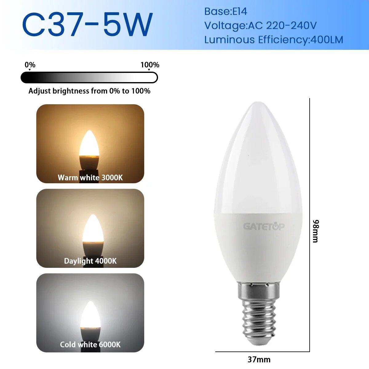 Светодиодные лампы Gatetop E14 E27 B22 GU10 220В 5Вт 7Вт 10Вт C37 5W, Natural light 4000K, 5pcs